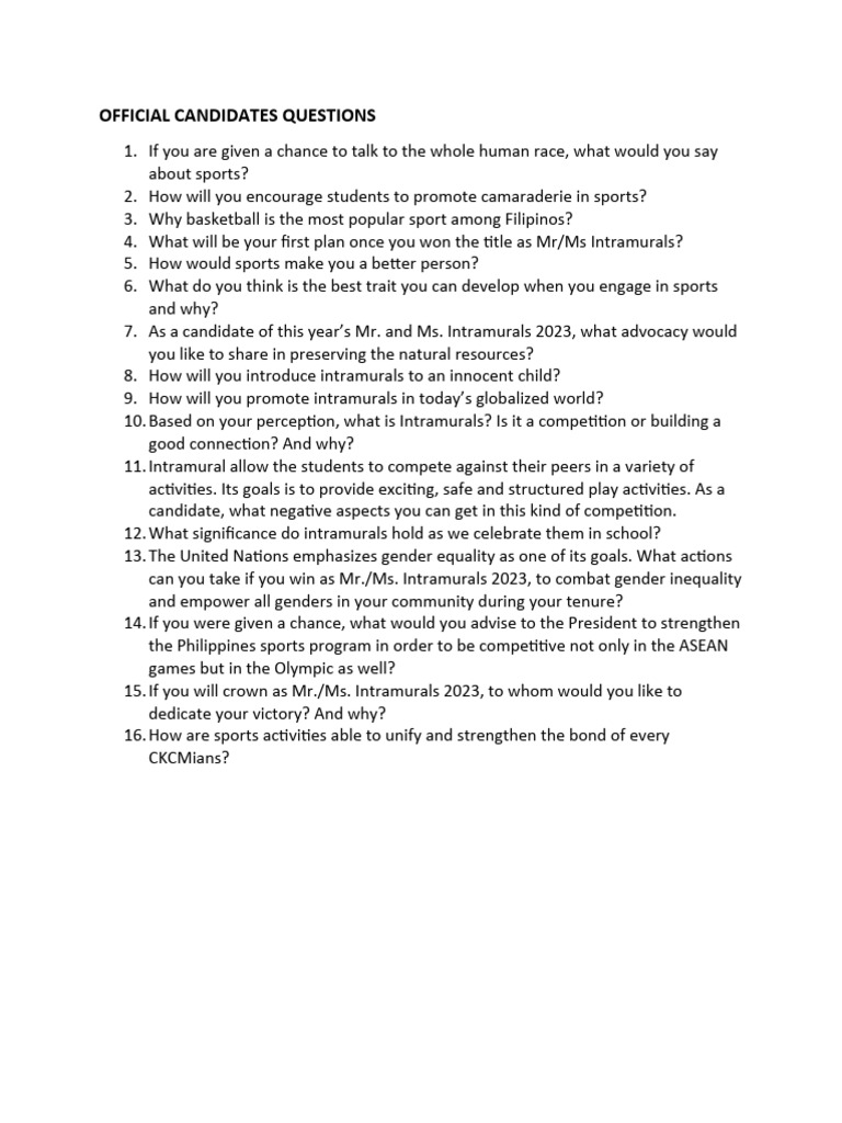 OFFICIAL CANDIDATES QUESTIONS 2023 Intramurals | PDF