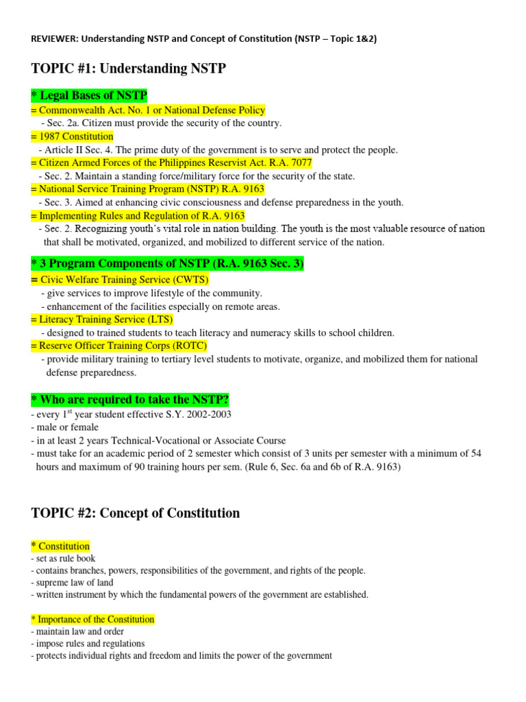 Reviewer NSTP Topic 1 and 2 | PDF | Constitution | Government