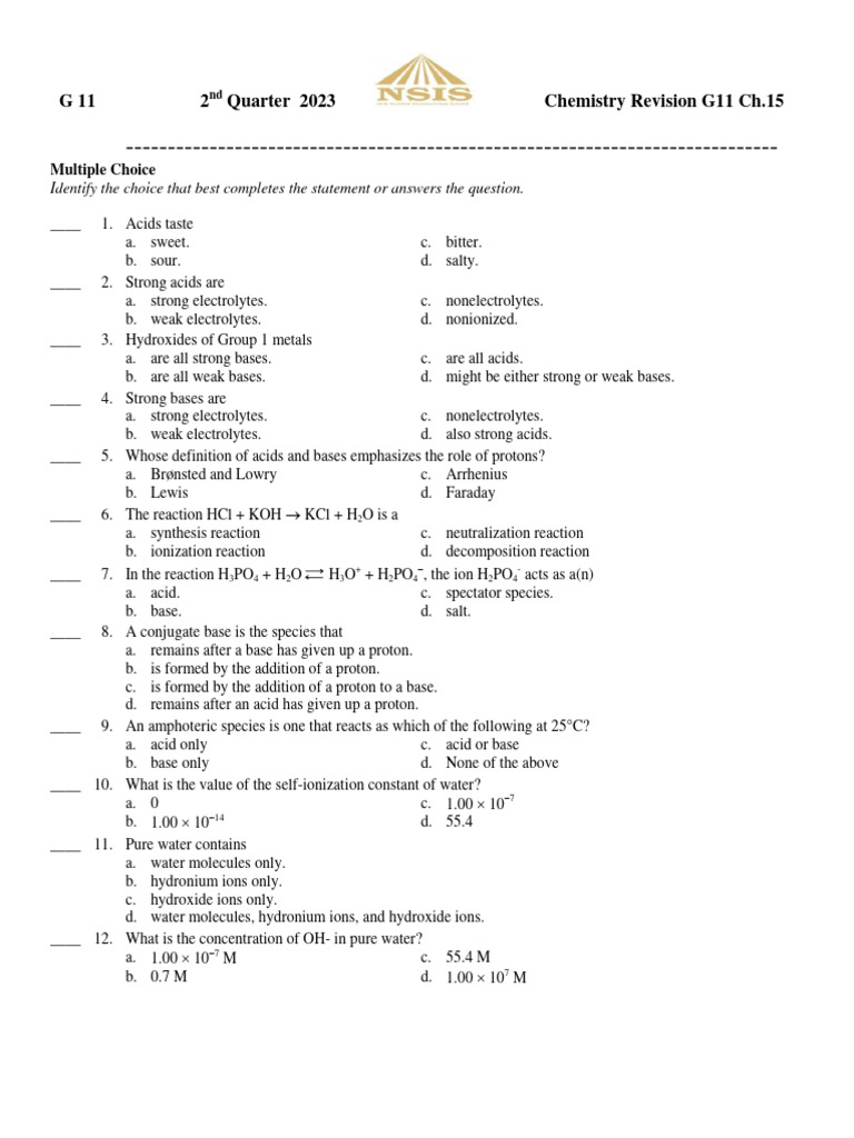 Chemistry Revision 2nd Quarter | PDF | Acid | Ph