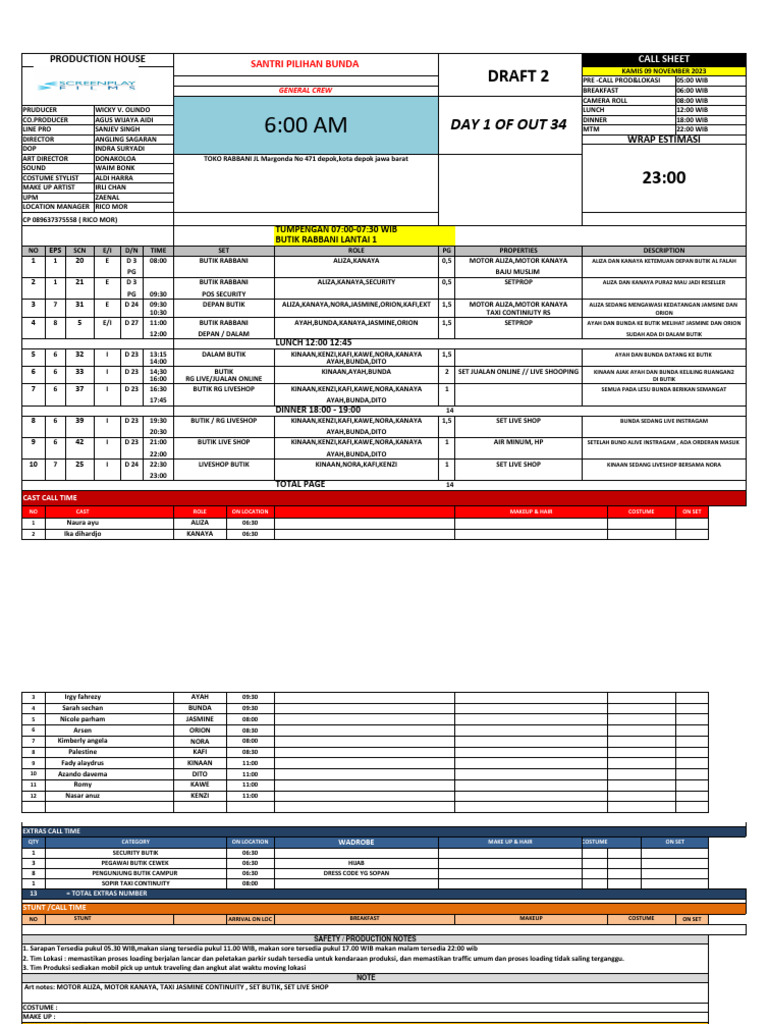 Callsheet Day 1 Spb Pdf