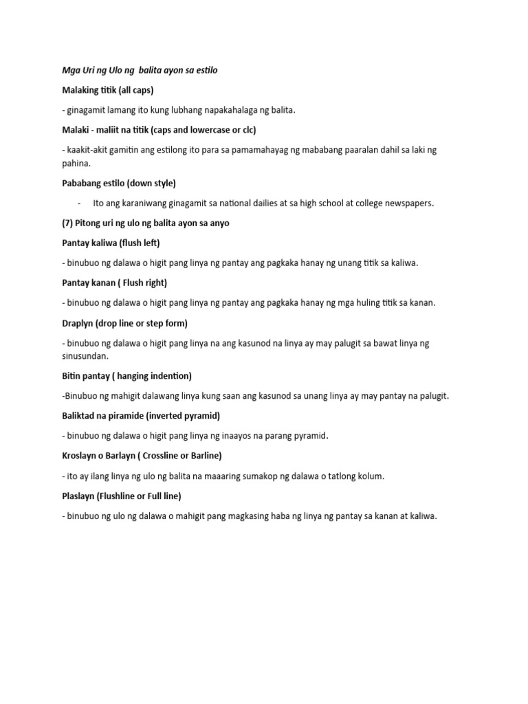 Uri NG Ulo NG Balita Ayon Sa Estilo | PDF