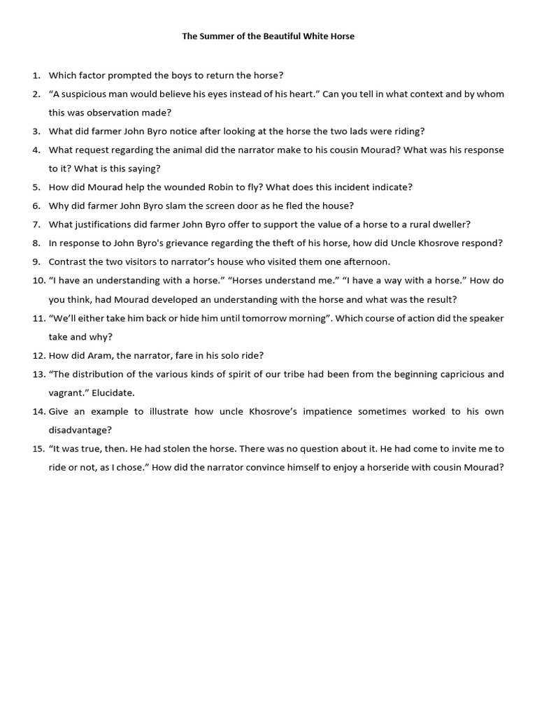The Summer of The Beautiful White Horse-Worksheet | PDF