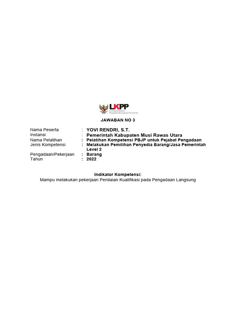 Lembar Jawaban No 3 Buku Kerja Pejabat Pengadaan - Pengadaan Barang) Evalu | PDF