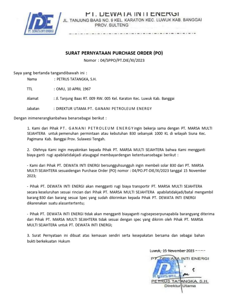 Surat Pernyataan Po 1000 KL Pt. Marsa | PDF