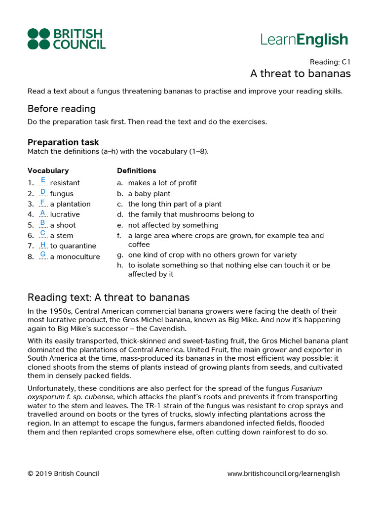 C1 - Reading - LearnEnglish Reading C1 A Threat To Bananas Soal | PDF ...