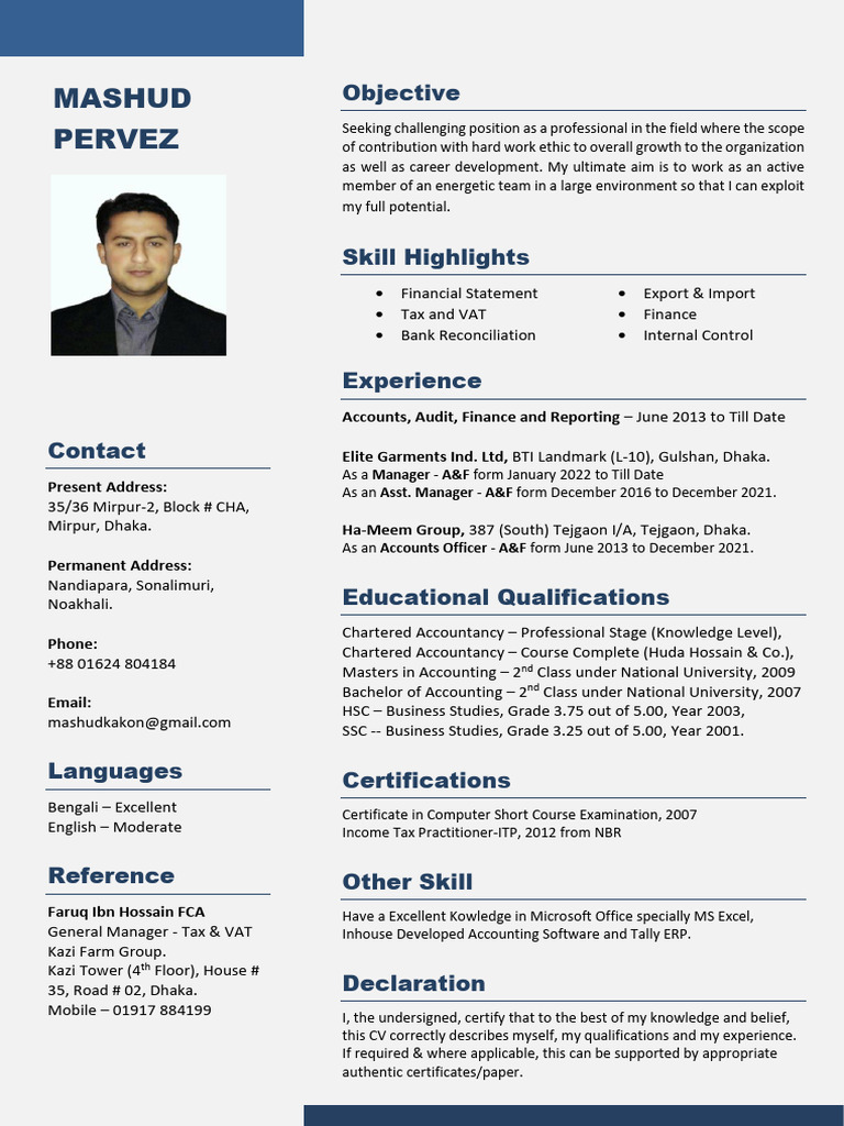CV of Mashud Parvez | PDF | Accounting | Economies