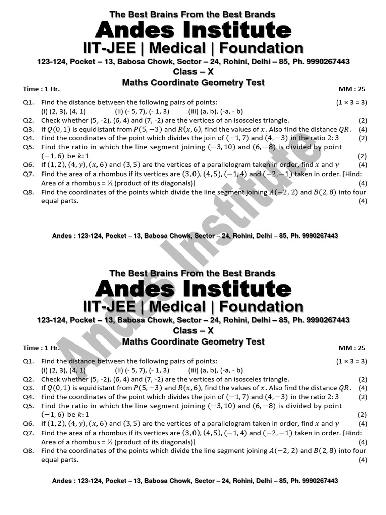 Class 10th Maths Coordinate Geometry Test 03 - Nov - 2023 | PDF | Area ...