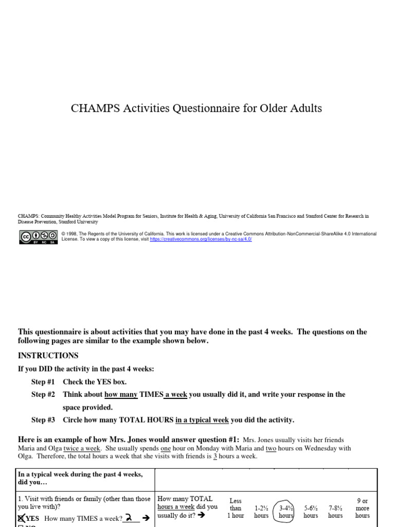 CHAMPS PA Questionnaire English | PDF | Strength Training | Physical Fitness