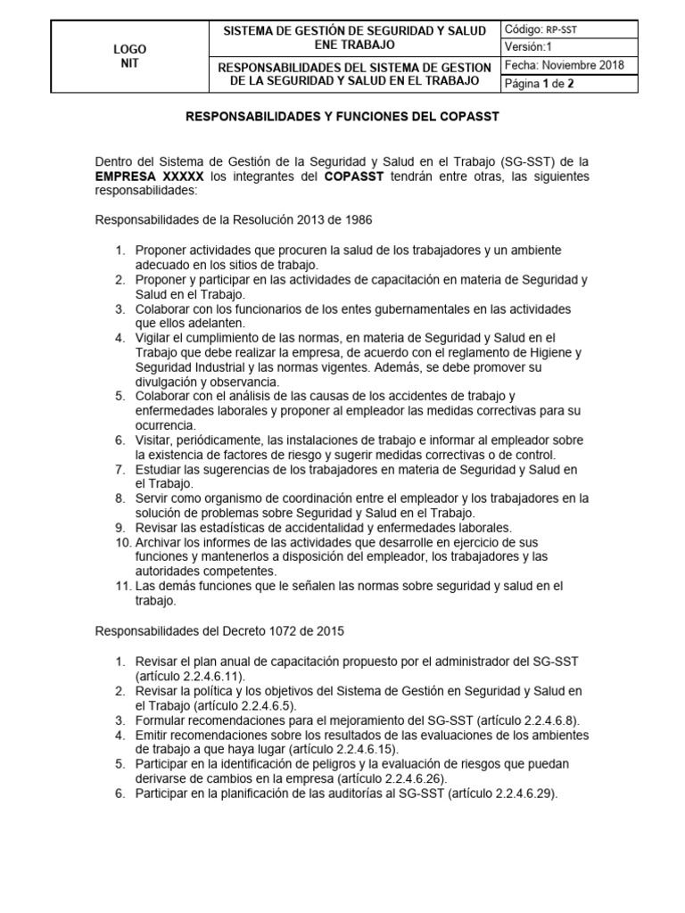 Responsabilidades y Funciones Del COPASST | PDF | Tecnología