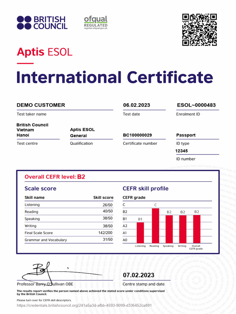 Aptis Esol General - Sample Certificate | PDF