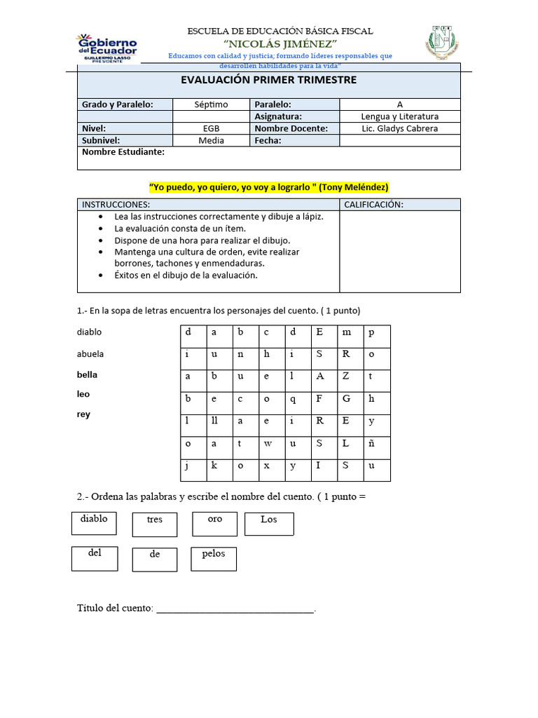 Evaluación Trimestral de Lengua y Matematica de Adaptacion Curricular 2023-2024 | PDF