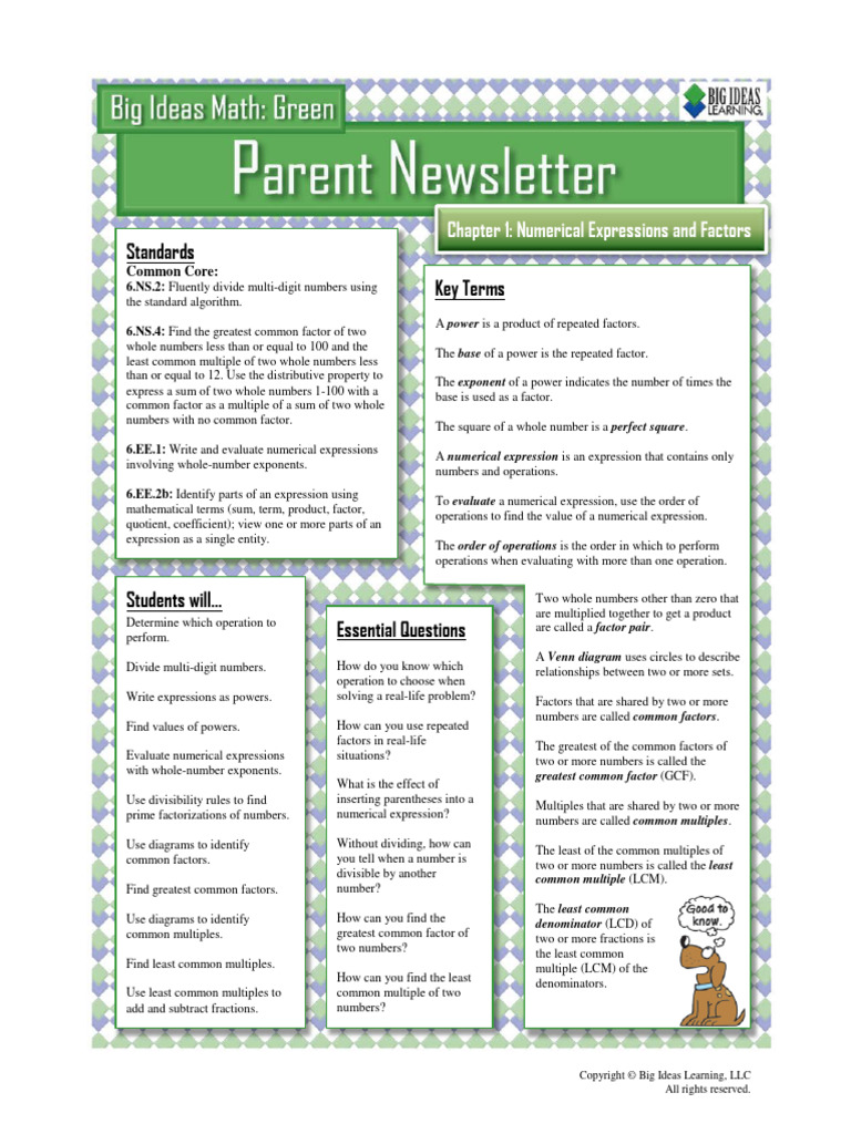 CH 1 - Parent Newsletter | PDF | Arithmetic | Elementary Mathematics