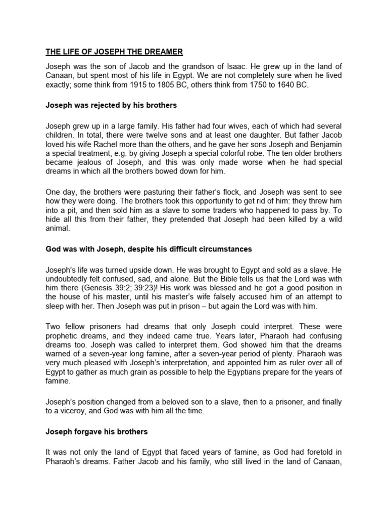The Life of Joseph The Dreamer | PDF | Jacob | Old Testament Books