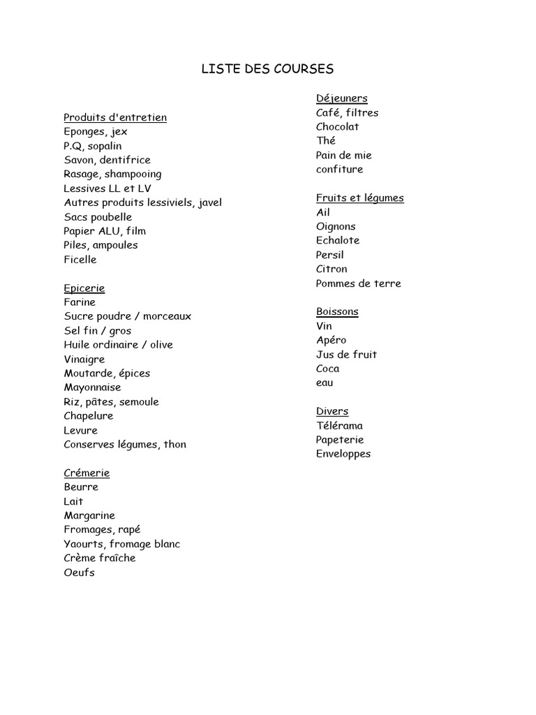 Liste Des Courses | PDF | Livres de cuisine, nourriture et vin