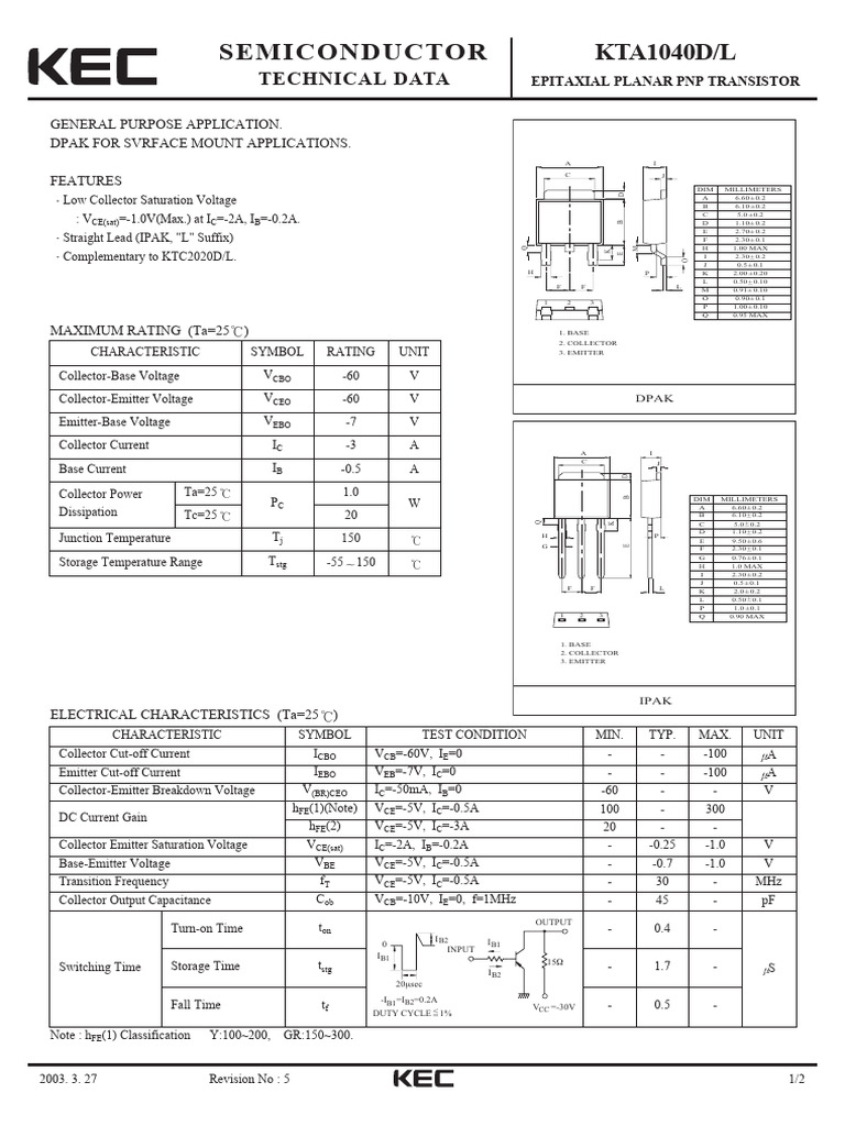 KTA1040 | Download Free PDF | Bipolar Junction Transistor | Electrical Engineering