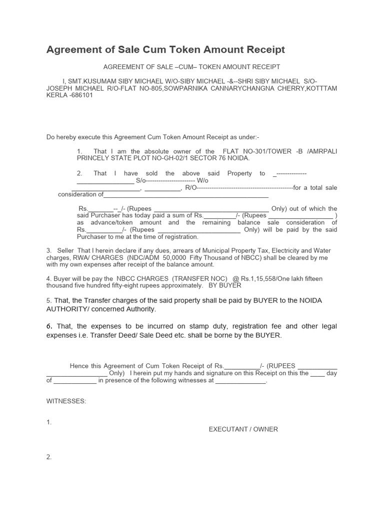 Agreement of Sale Cum Token Amount Receipt | PDF | Finance & Money Management