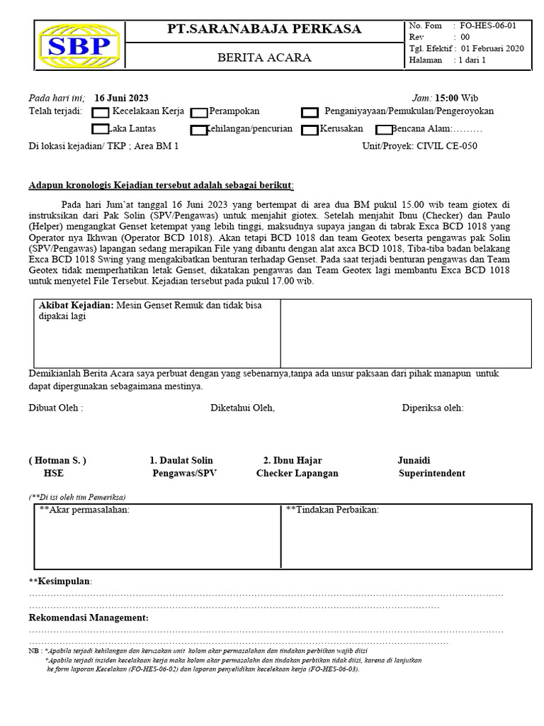 Form Berita Acara Genset | PDF