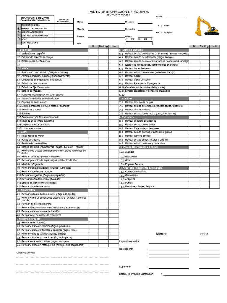 Inspección Técnica de Excavadoras | PDF | Tecnologías automotrices ...
