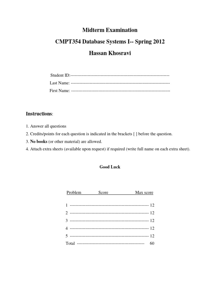 CMPT354 Database Systems Midterm Exam | PDF | Database Transaction | Databases