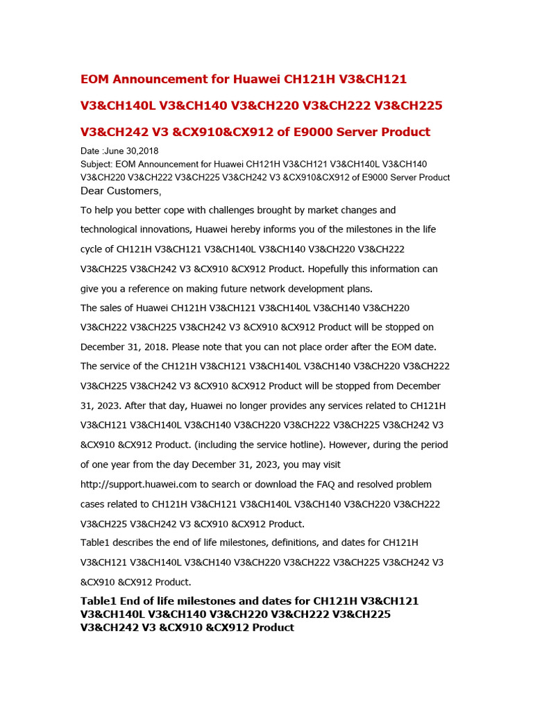EOM Announcement For Huawei CH121H V3&CH121 V3&CH140L V3&CH140 V3&CH220 ...