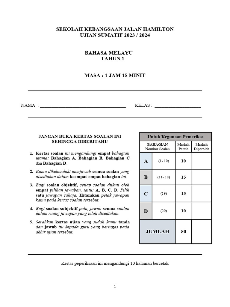 Exam BM Tahun 1 | PDF
