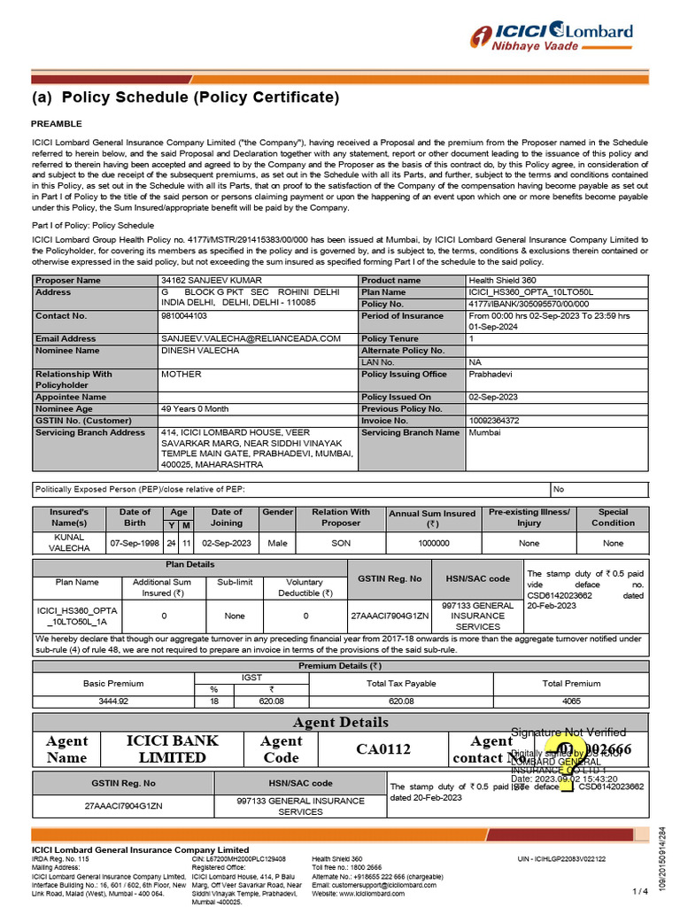 (A) Policy Schedule (Policy Certificate) : Policyall 2 2 1 1 | Download ...