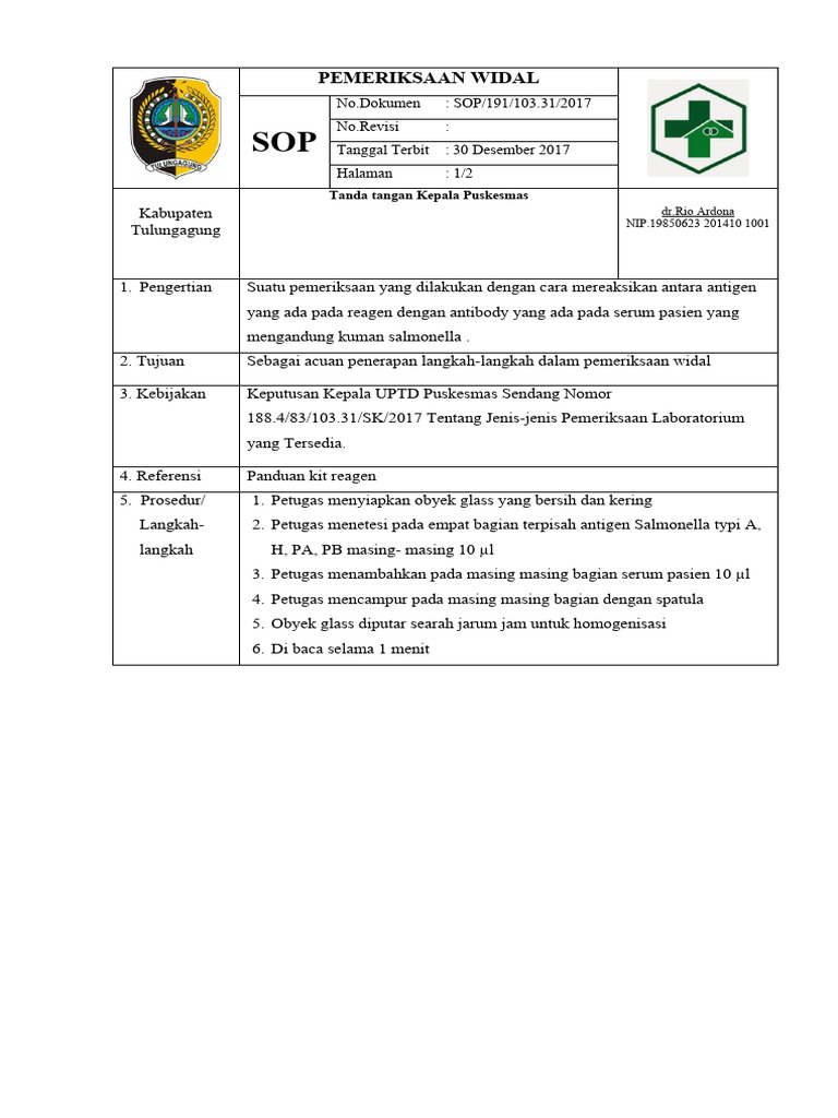 SOP Pemeriksaan Widal Tulungagung | PDF | Sains & Matematika