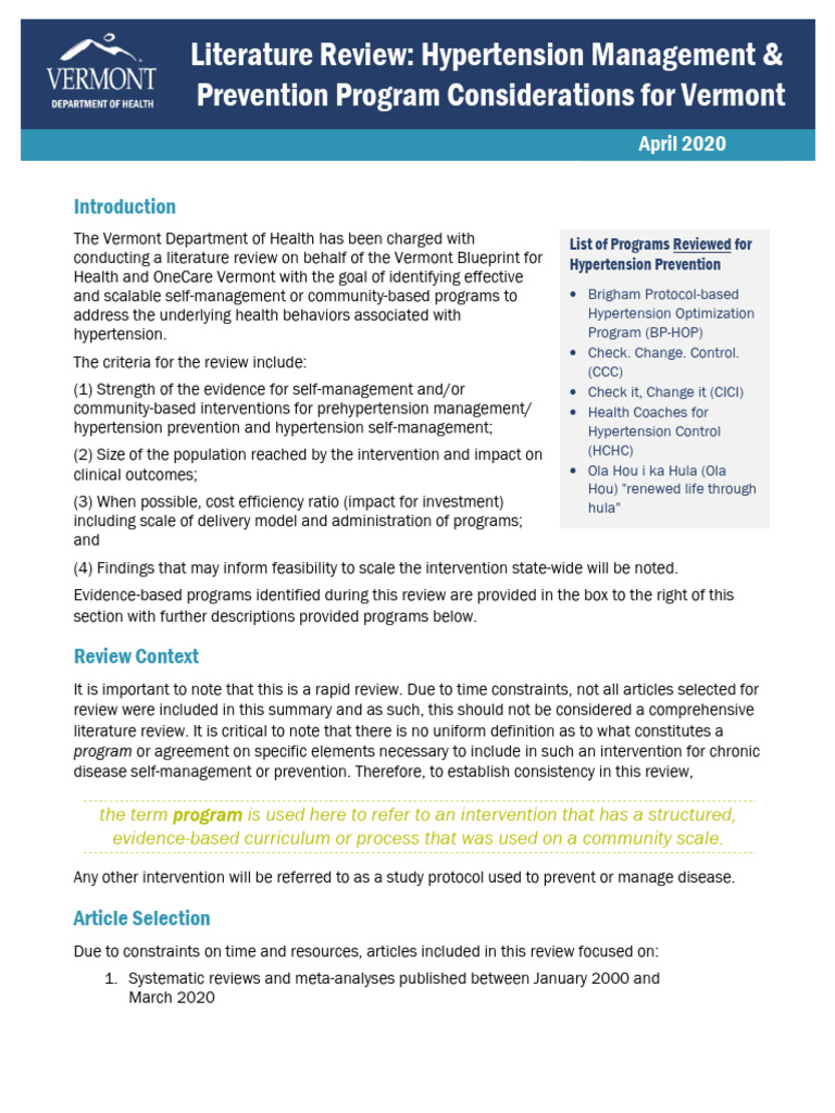 Literature Review: Hypertension Management & Prevention Program Considerations For Vermont | PDF ...