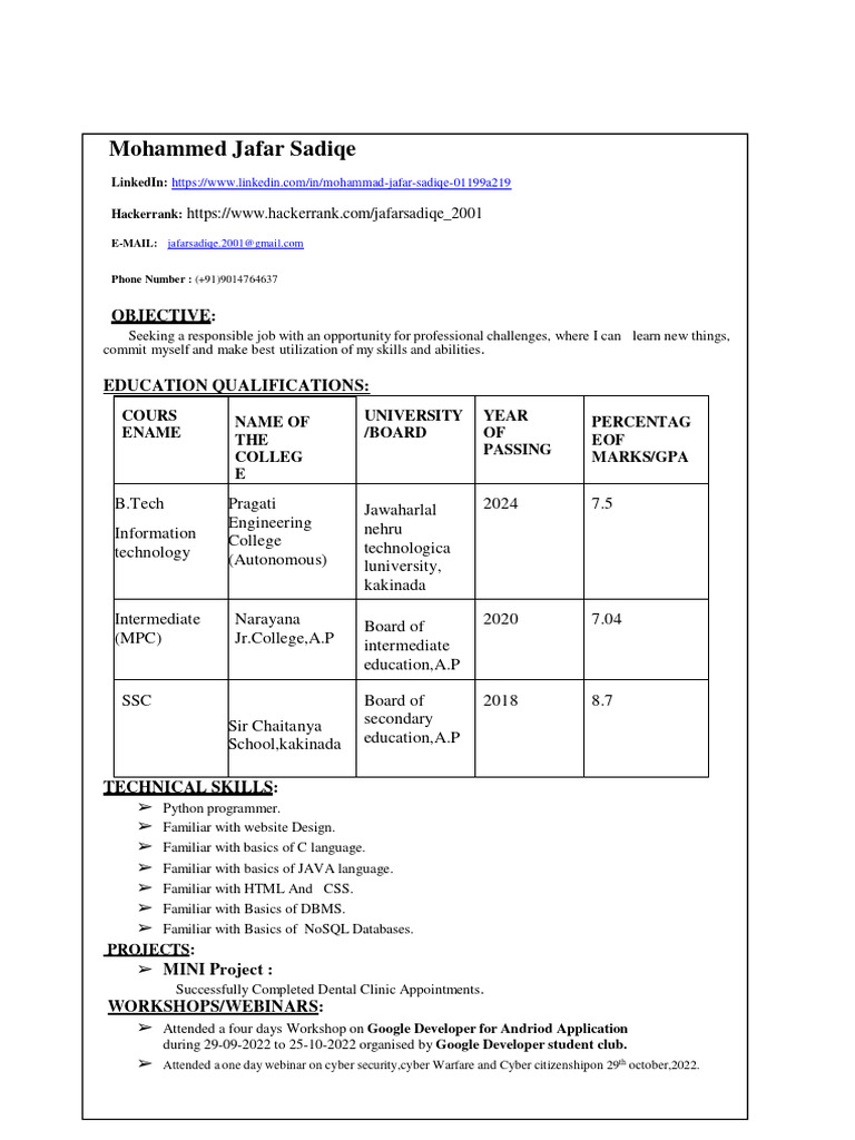 Mohammed Jafar Sadiqe: Objective | PDF | Computing | Information Technology