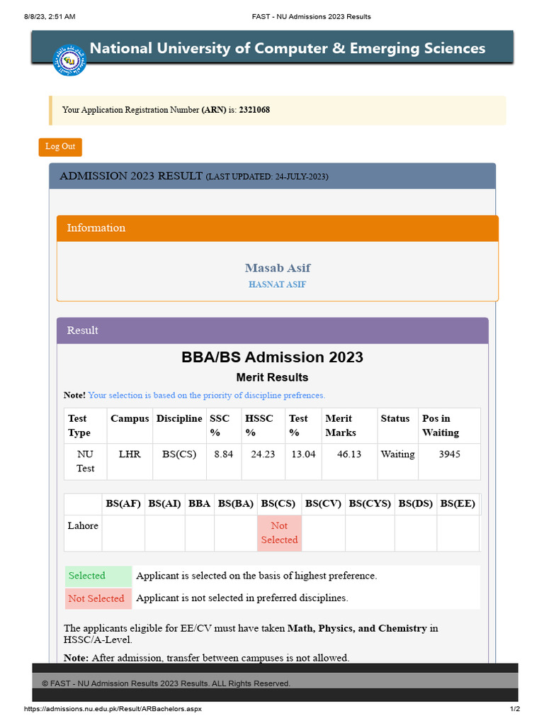 FAST - NU Admissions 2023 Results | PDF