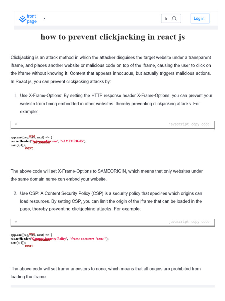how to prevent clickjacking in react js-掘金 | PDF | Telecommunications | Computer Mediated ...