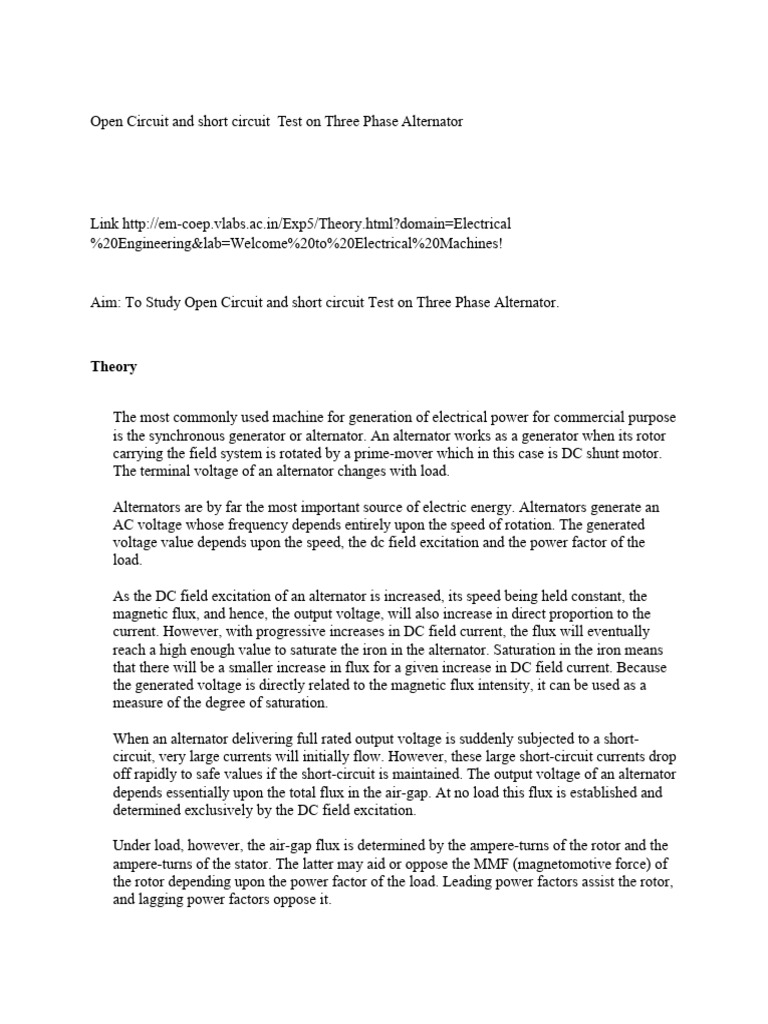 Experiment - 07 Open and Short Circuit of 3 Phase Alternator | PDF ...