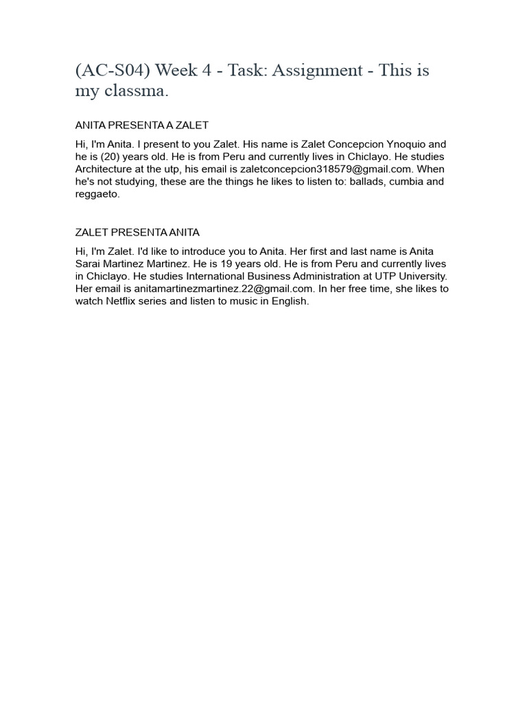 Week 4 Task Assignment This Is My Classmate | PDF