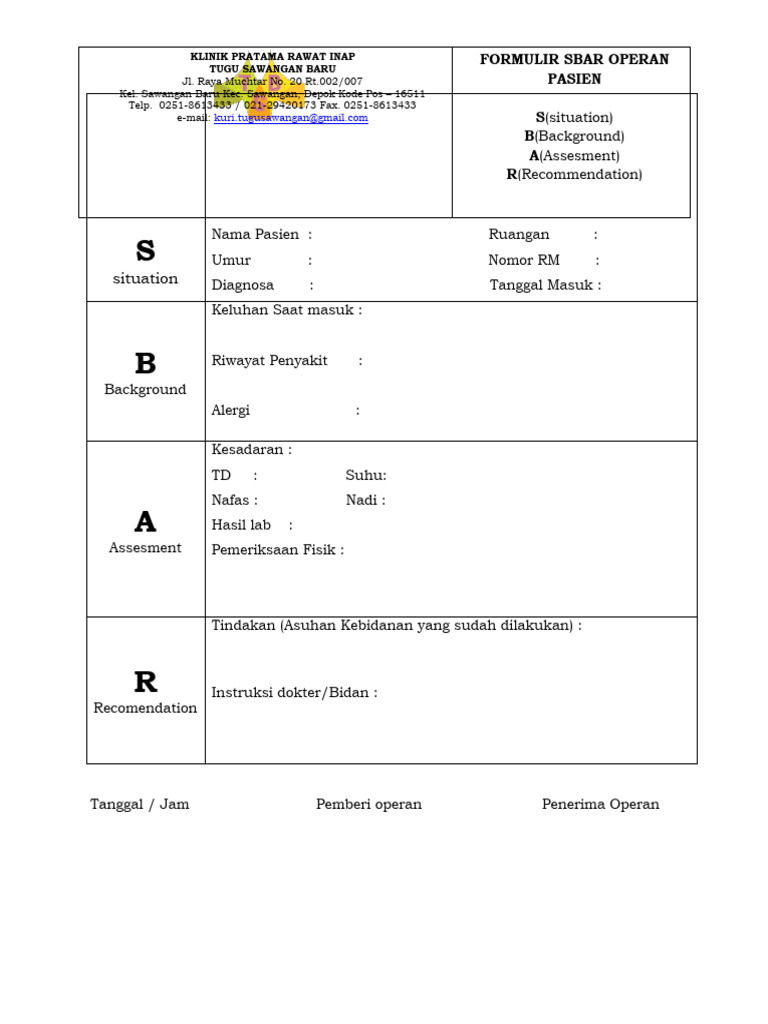 2.2.2 Formulir Sbar Operan Pasien | PDF
