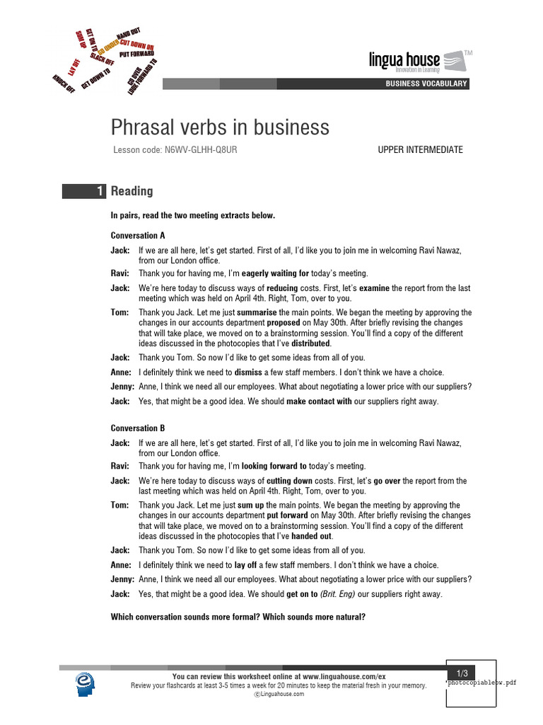 Phrasal Verbs in Business | PDF | English Language | Flashcard