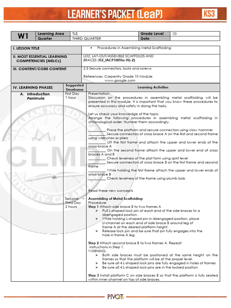 CARPENTRY 10 - LeaP - LESSON 4 | PDF | Scaffolding | Equipment