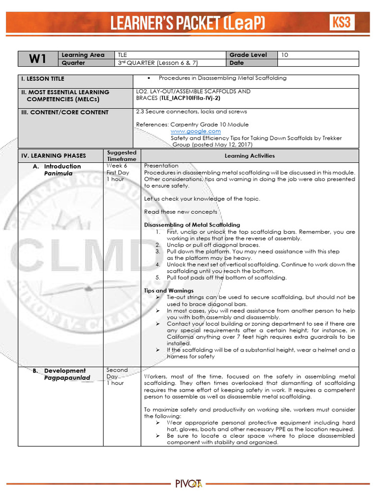 CARPENTRY 10 - LeaP - LESSON 6 7 | PDF | Scaffolding | Personal ...