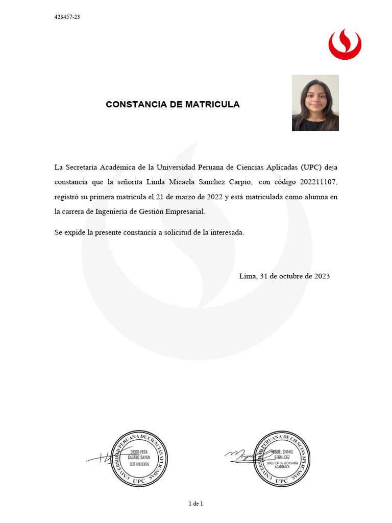 Certificado Matricula UPC | PDF