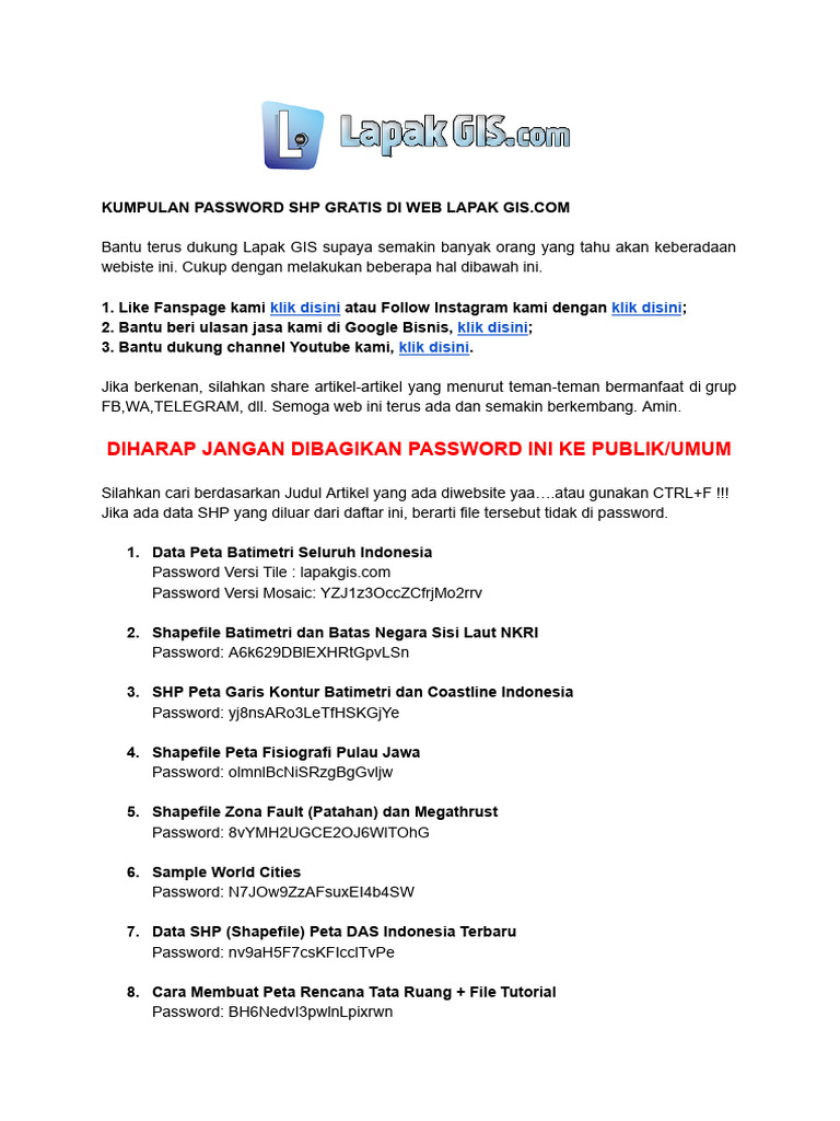 Kumpulan Password SHP Gratis Di Web Lapak Gis | PDF