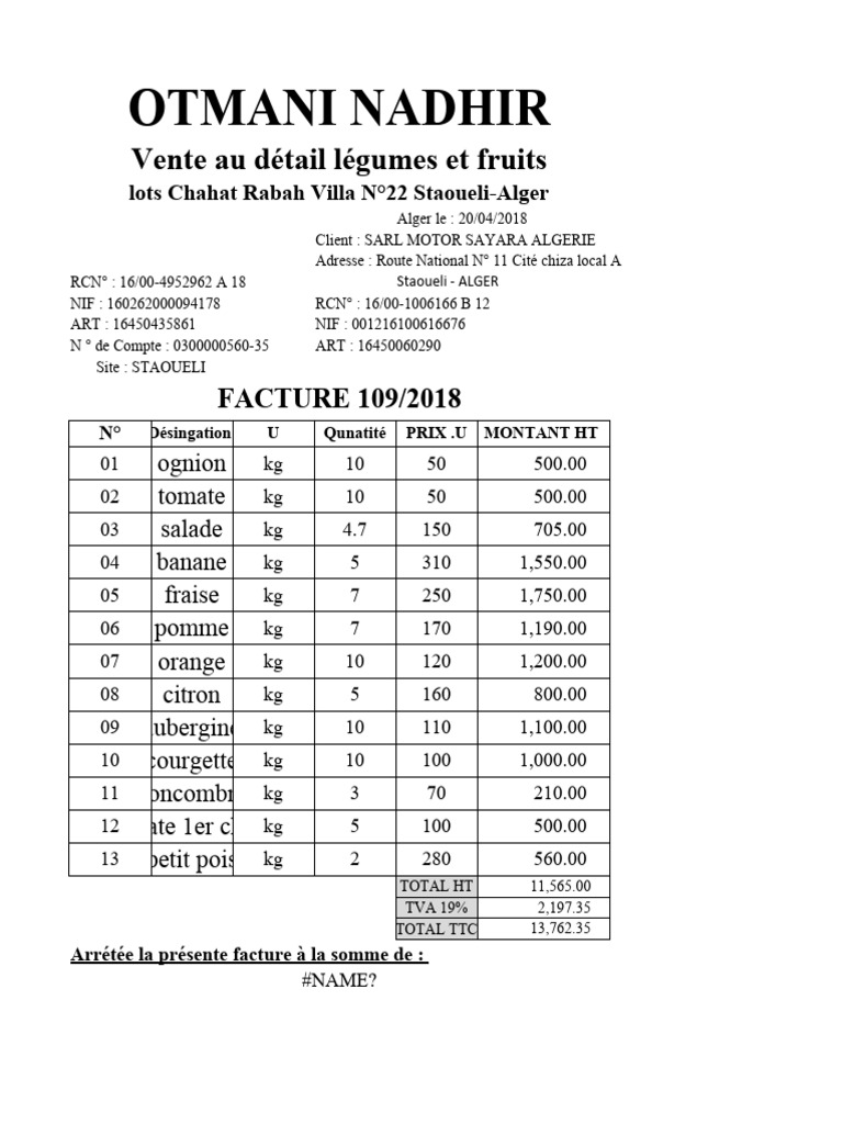 Facture de vente de fruits et légumes | PDF