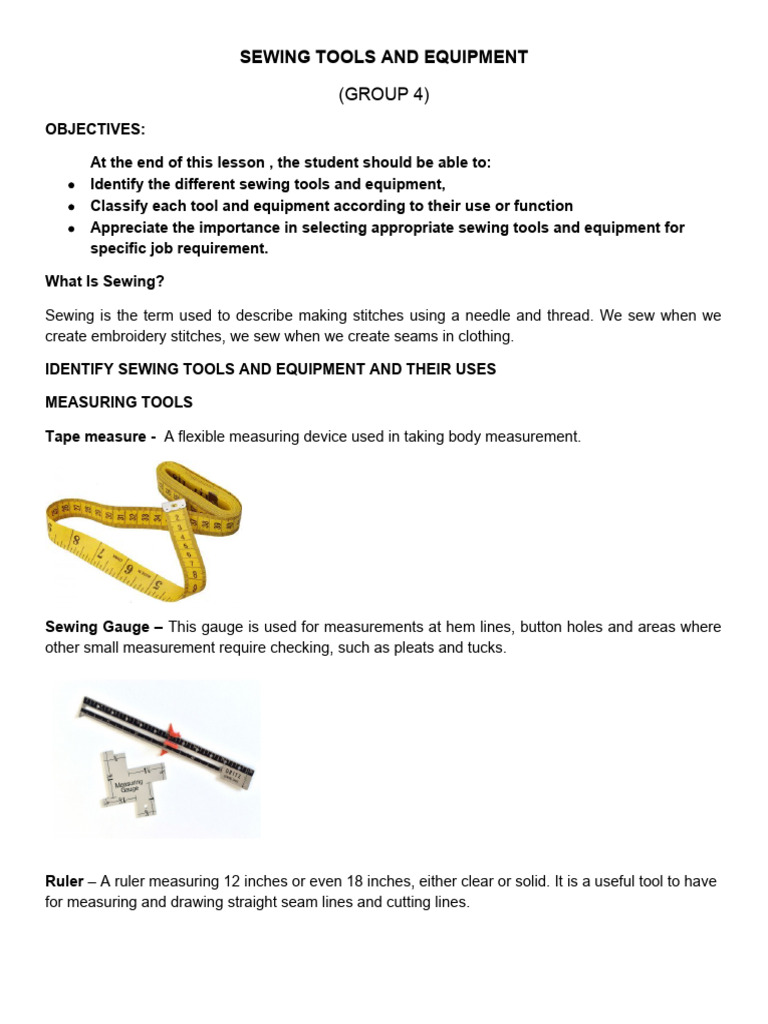 Essential Sewing Tools and Their Uses | PDF | Sewing | Seam (Sewing)