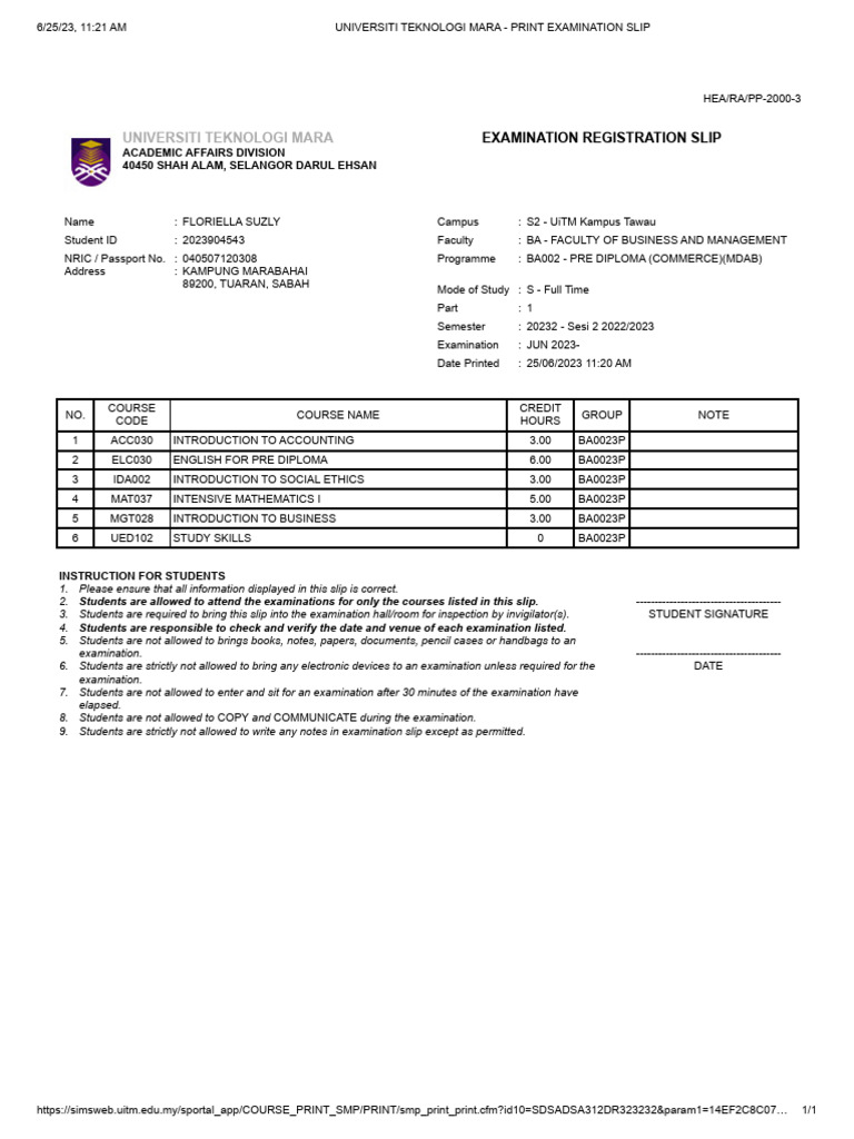 Universiti Teknologi Mara - Print Examination Slip | PDF