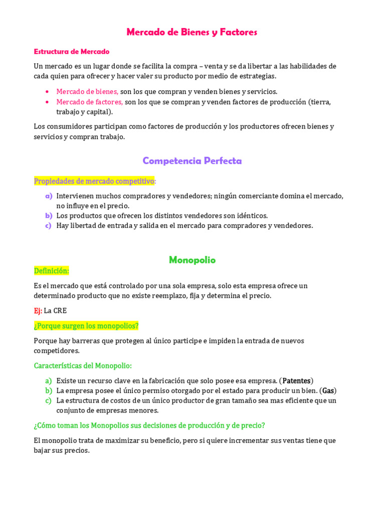Tipos de Mercados y Estructuras | PDF | Mercado (economía) | Monopolio