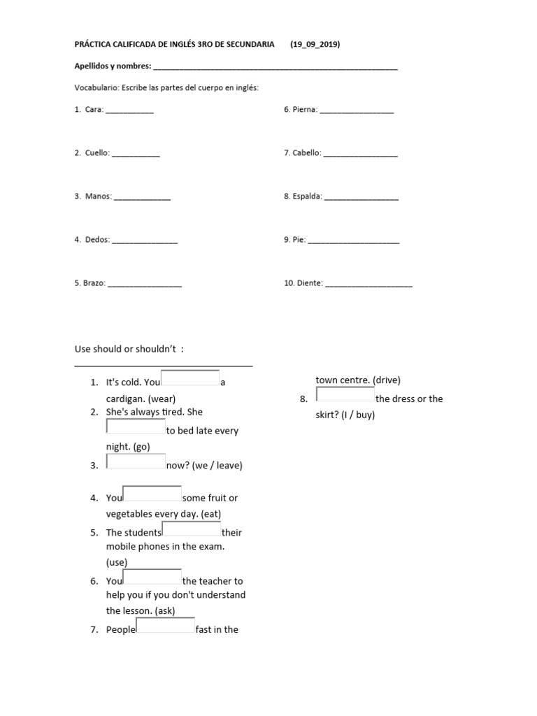 Práctica Calificada de Inglés 3ro de Secundaria | PDF | Language Arts & Discipline | Foreign ...