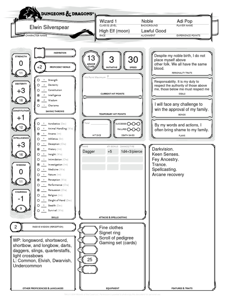5E Wizard Character Sheet Template | PDF | Role Playing Games