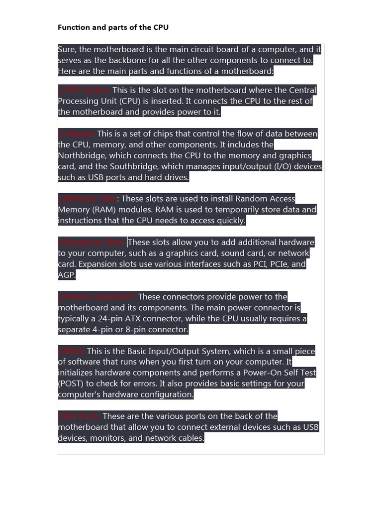 Parts and Function of The Motherboard | PDF | Computer Architecture | Microcomputers