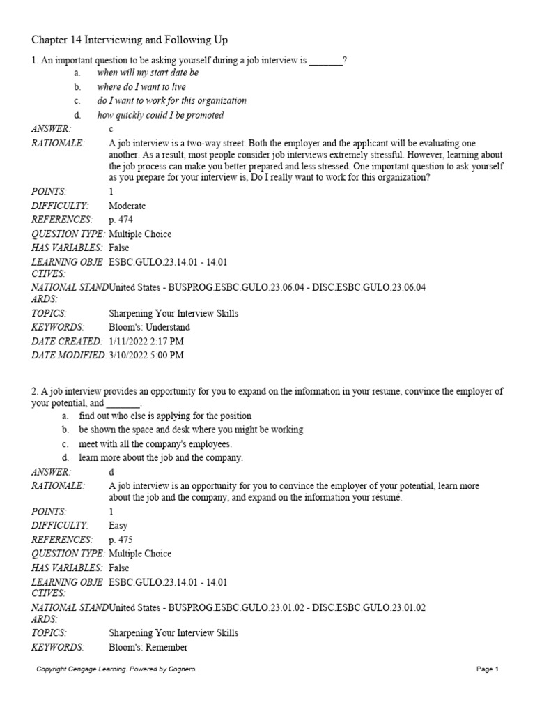 Chapter 14 Interviewing and Following Up | PDF | Job Interview | Multiple Choice