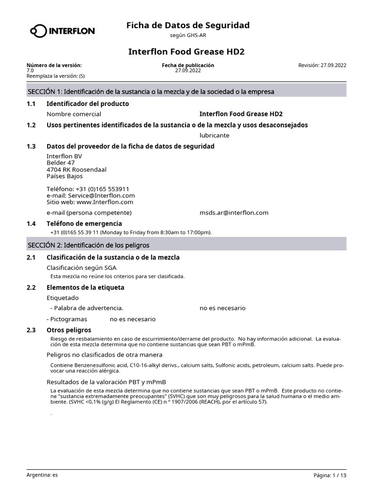 9151 SDS AR Es Interflon Food Grease HD2 | PDF | Residuos | Toxicidad