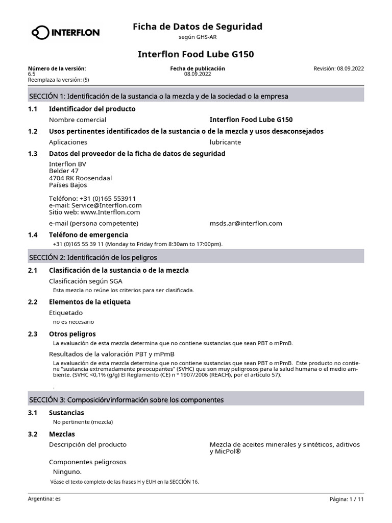 8600 SDS AR Es Interflon Food Lube G150 | PDF | Química | Ciencias fisicas