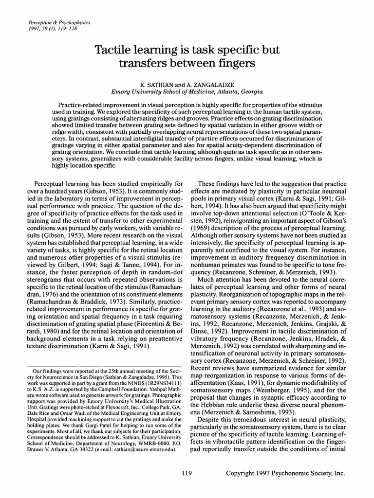 Sathian & Zangaladze 1997 - Tactile Learning Is Task Specific | PDF | Perception | Somatosensory ...
